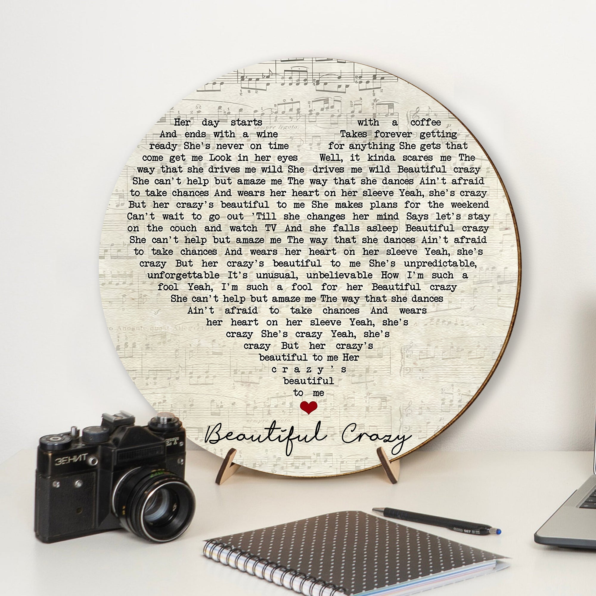 Luke Combs Beautiful Crazy Script Heart Song Lyric Art Print Round Woo ...