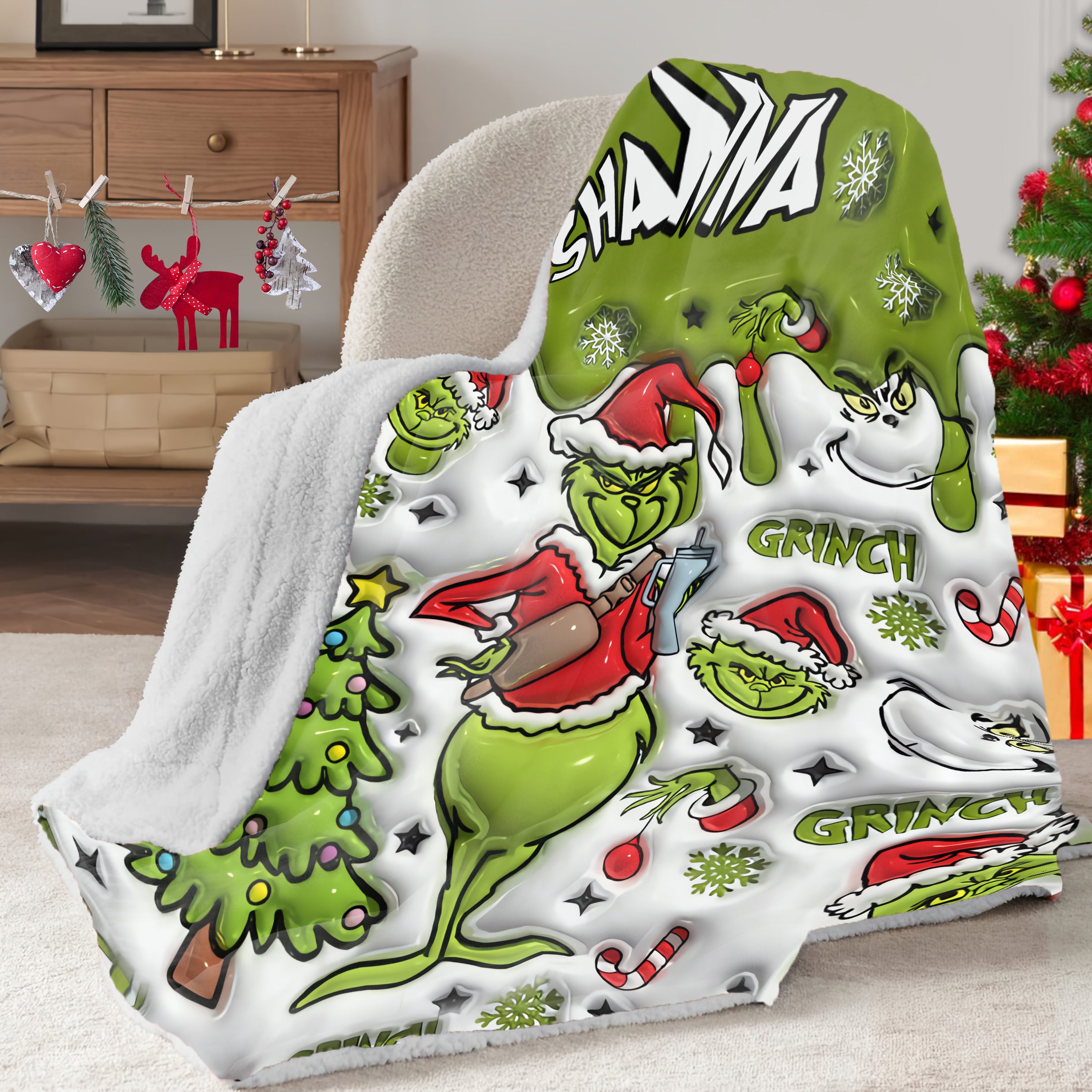 Personalized 3D Grinch Christmas Fleece Blanket Christmas Gifts Sherpa Blanket Medium 50x60in
