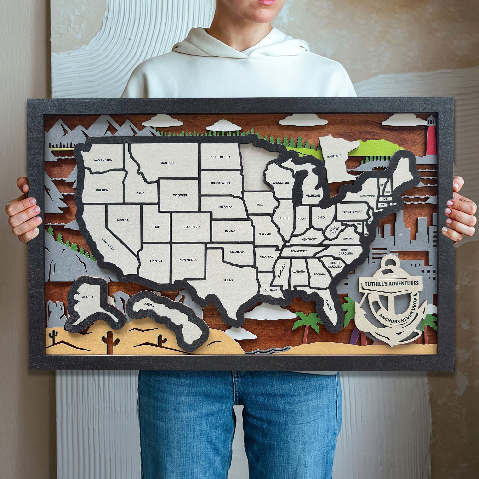 Personalized Wood US Travel Map, Landscapes Travel Map Tracker, Gift f ...