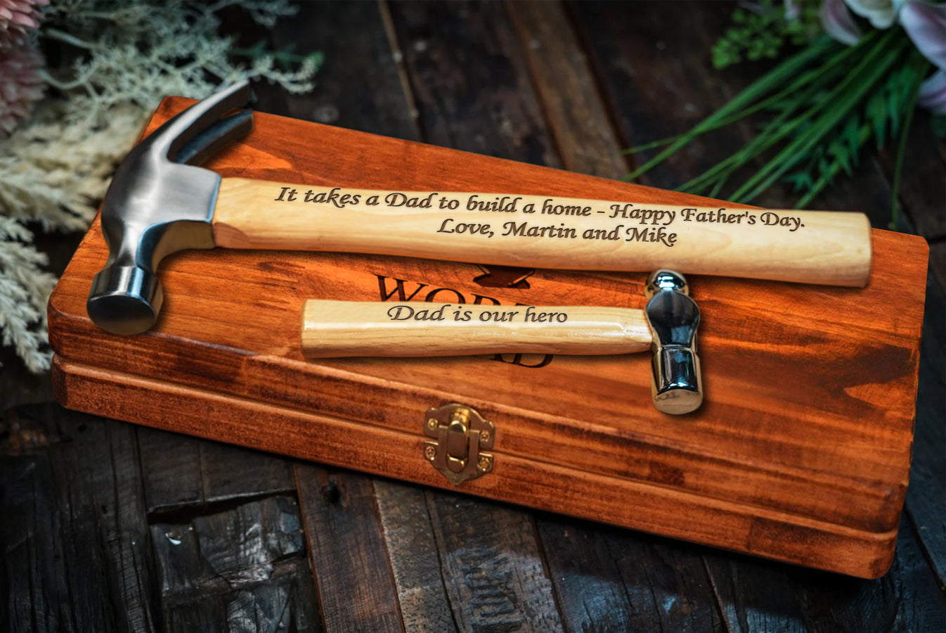 Worthy Dad Personalised Engraved Hammer Gift Set with Wooden Box and N ...
