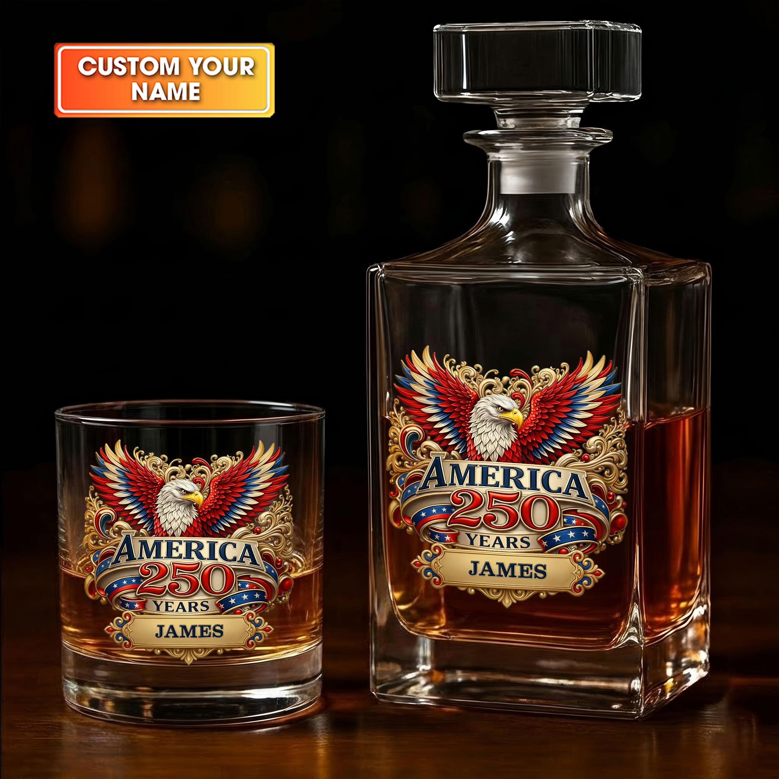 America 250 Years Red White Blue Bald Eage Whiskey Decanter Set, Ameri ...