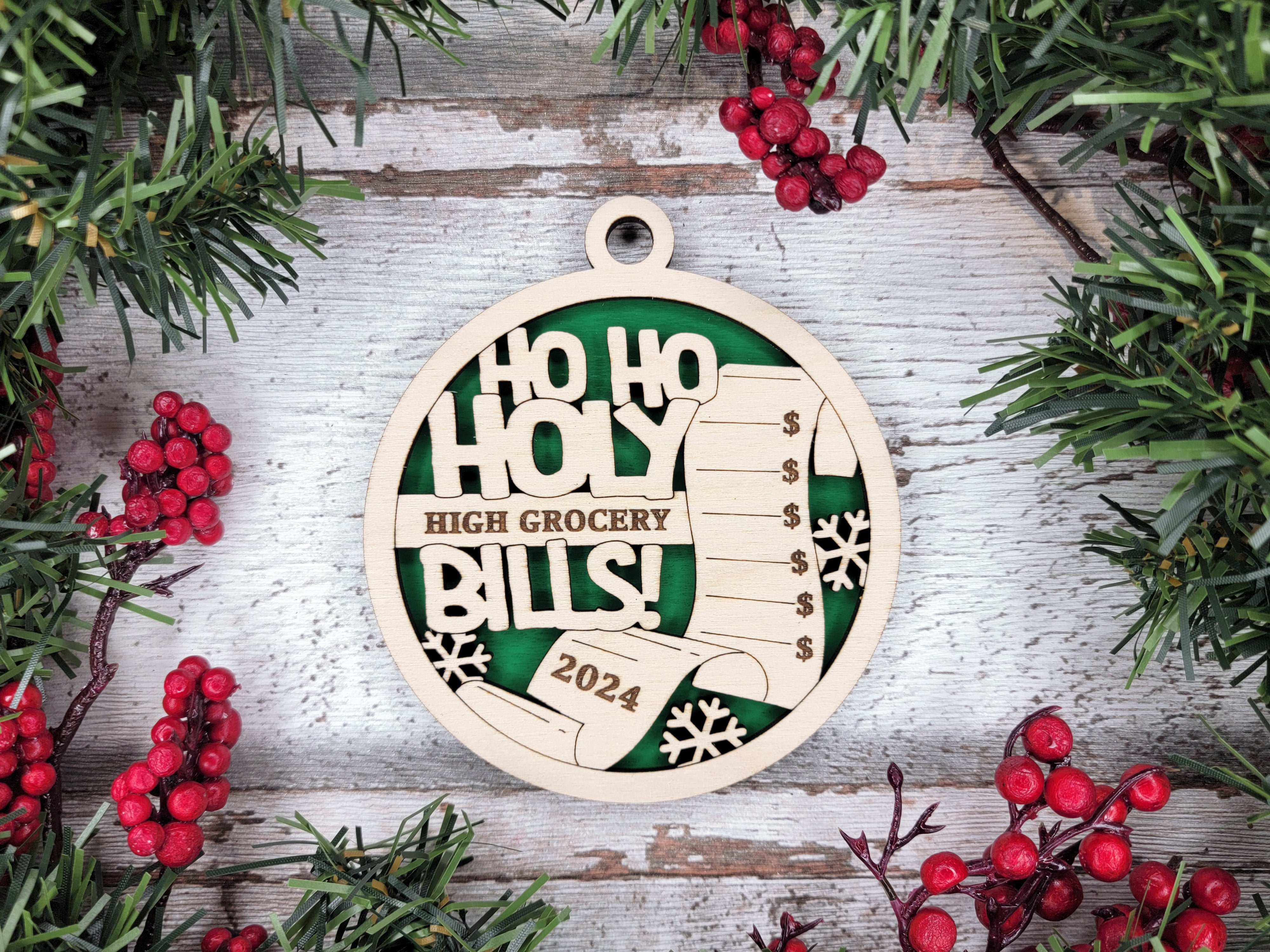 Ho Ho Holy High Grocery Bills 2-Layer Wooden Ornament, Year In Review ...