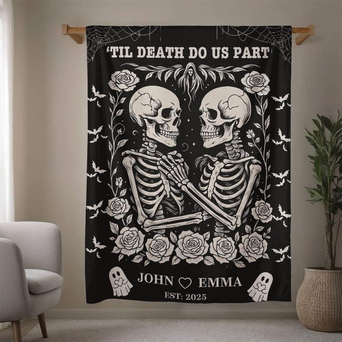 Til Death Do Us Apart Skeleton Couple Anniversary Blanket, Custom Wove ...