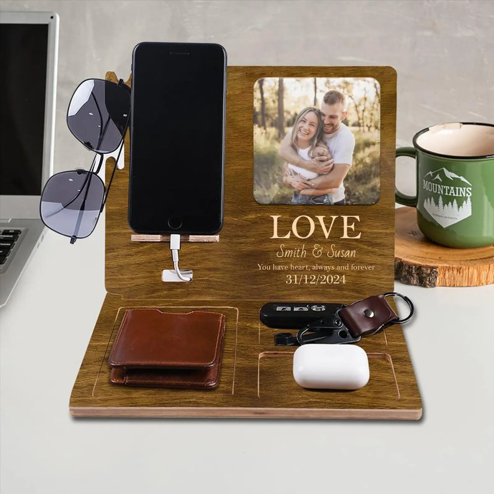 Wood Docking Station With Acrylic Photo, Desk Organizer, Father's Day ...