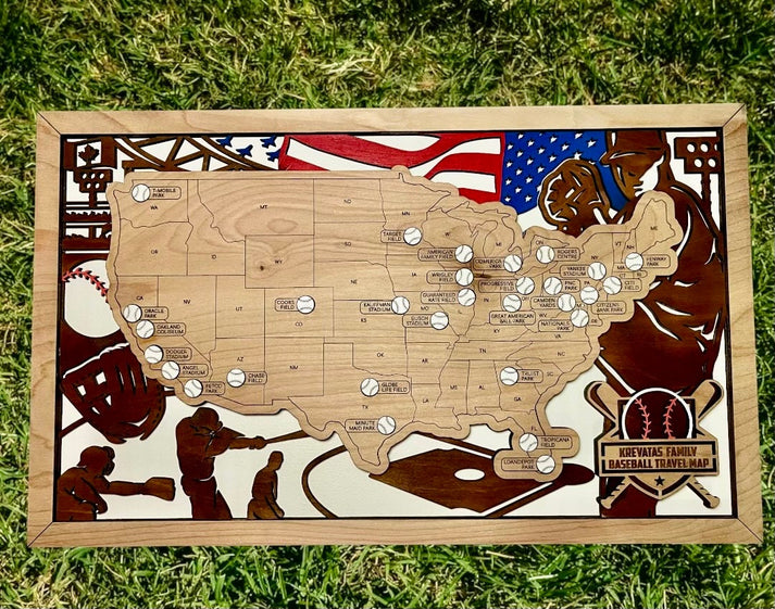 Custom Baseball Major League Stadium Map With Pins, Ballparks Road Tri ...