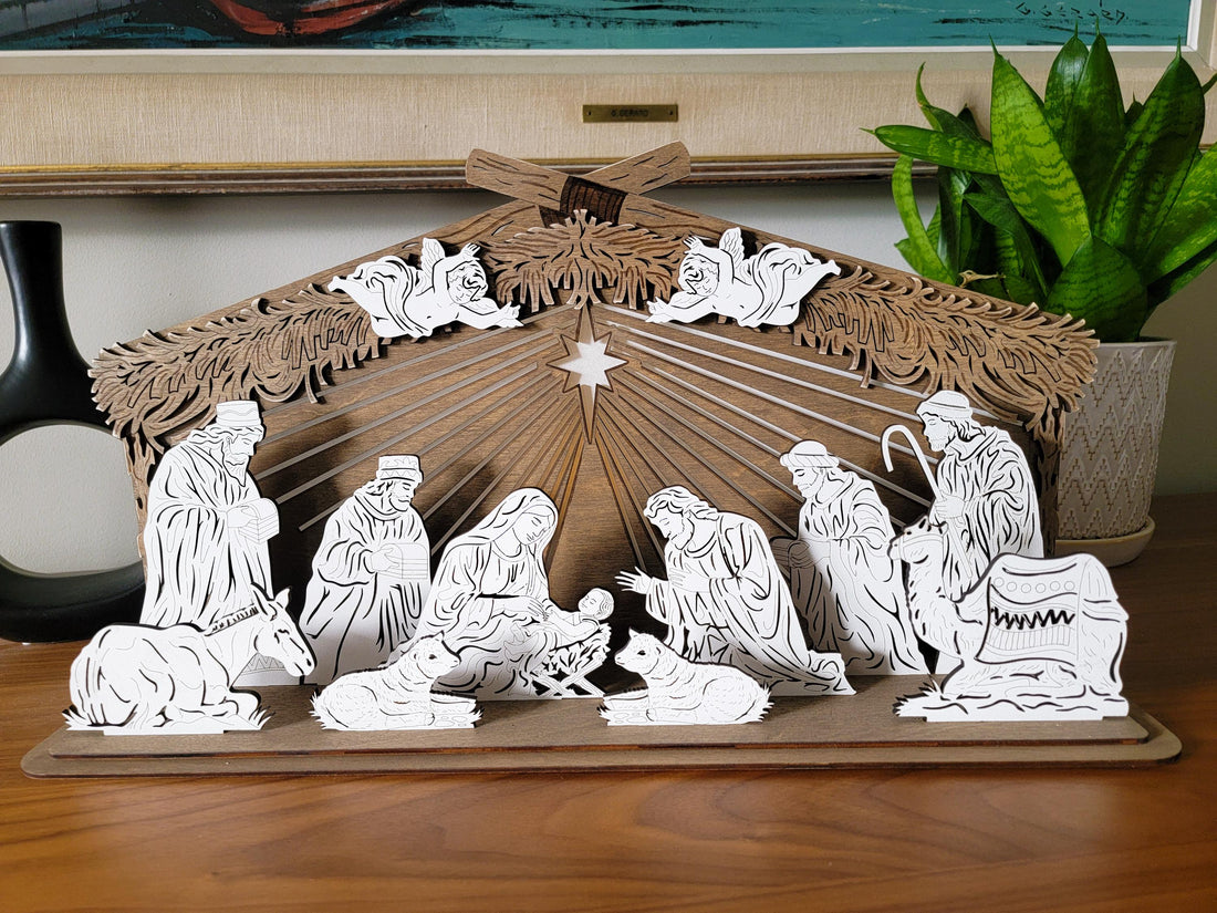 3 Layers Wood Nativity Set, 12 Characters Holy Family, Nativity Scene ...